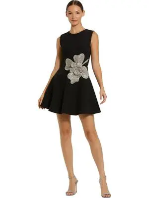 Mac Duggal Sleeveless Crepe Mini Dress With Rhinestone Flower - Black