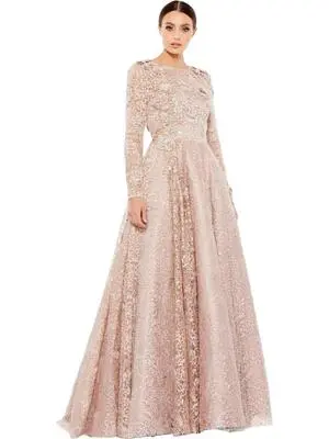 Mac Duggal Embellished Illusion Long Sleeve A-line Gown - Mocha