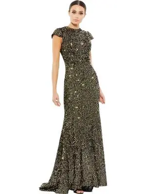 Mac Duggal Sequin Gown With Cap Sleeves - Black Gold