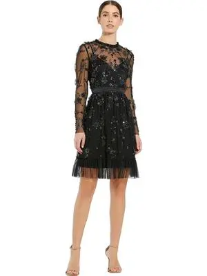 Mac Duggal Embellished Sheer Long Sleeve Mini Dress - Black