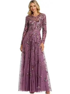 Mac Duggal Beaded Long Sleeve High Neck Gown - Raspberry