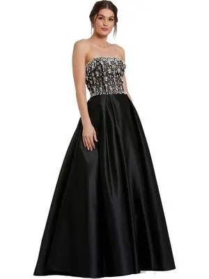 Mac Duggal Strapless Embellished Top Satin Ball Gown - Black Ivory