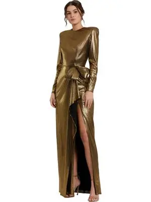 Mac Duggal Metallic Long Sleeve Gown With Bow - Antique Gold