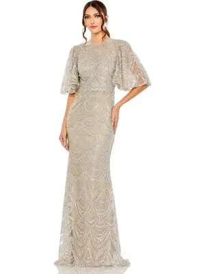 Mac Duggal Sequin-embellished Flutter Sleeve Gown - Taupe