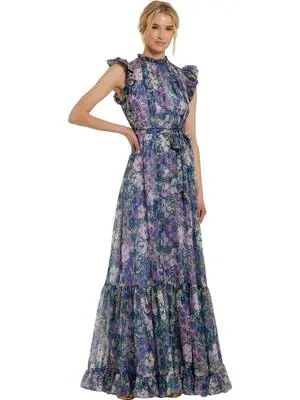 MAC DUGGAL Floral-Printed Chiffon Gown With Ruffle Sleeves