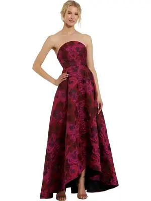 Mac Duggal Strapless Brocade High-low A-line Gown - Magenta Multi