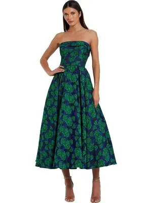 Mac Duggal Brocade Strapless A-line Midi Dress - Emerald Multi