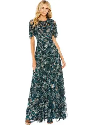 Mac Duggal Floral Ruffle Detail Maxi Dress - Teal Multi