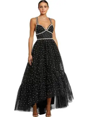 Mac Duggal Pearl Beaded High Low Gown - Black Ivory