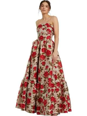 Mac Duggal Brocade Strapless Floral Gown With Ruffle Hem - Antique Multi
