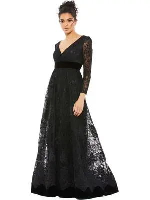 Mac Duggal Lace Long Sleeve V-neck Gown - Black