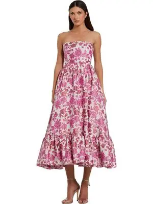 Mac Duggal Floral Brocade Strapless A-line Midi Dress - Pink Multi