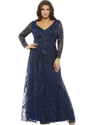 Mac Duggal Embellished Illusion Long Sleeve V-neck A-line Gown - Midnight