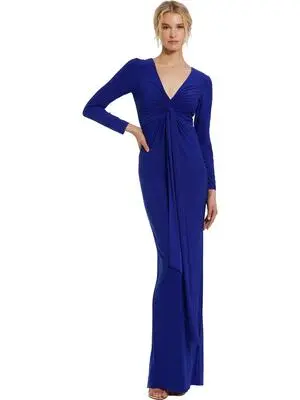 Mac Duggal Long Sleeve Jersey V-neck Twist Knot Gown - Cobalt