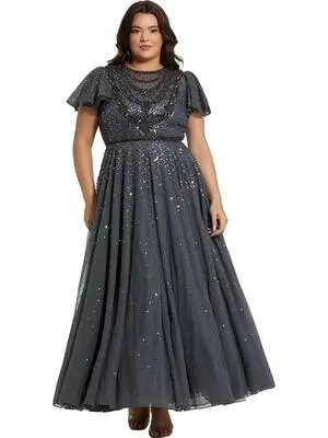 Mac Duggal Embellished Flutter Sleeve Evening Gown - Charcoal