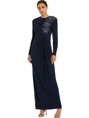 Mac Duggal Jersey Long Sleeve Fitted Gown With 3d Flowers - Midnight