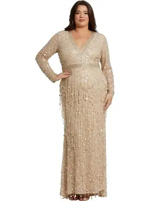 Mac Duggal Embellished Fringe Long Sleeve Gown - Nude Gold