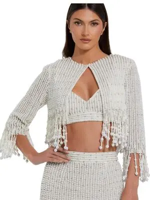 MAC DUGGAL White Pearl Beaded Cropped Jacket