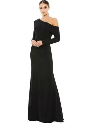 Mac Duggal Drop Shoulder Long Sleeve Column Gown - Black