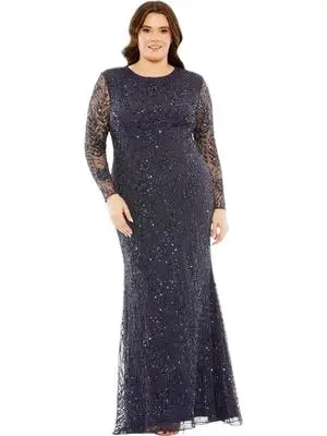 Mac Duggal Long Sleeve Embellished Mesh Gown - Midnight
