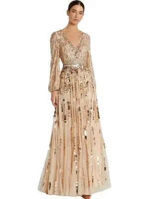 Mac Duggal Embellished Mesh Long Sleeve Gown - Bisque