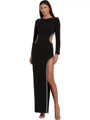 Mac Duggal Crepe Long Sleeve Gown With Beaded Cut-outs - Black