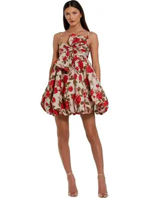 Mac Duggal Brocade Bubble Skirt Mini Dress With Bow - White Multi