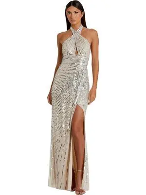 Mac Duggal Sequin Halter Keyhole Column Gown - Nude/silver