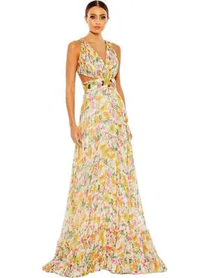 Mac Duggal Floral-print Chiffon Gown - Nude Multi