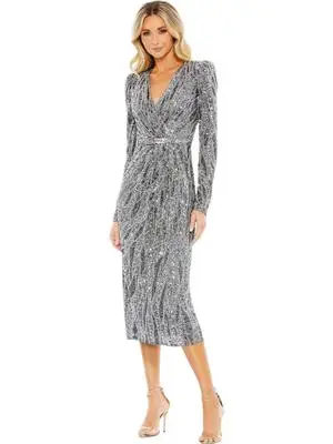 Mac Duggal Long Sleeve V Neck Beaded Cocktail Dress - Charcoal