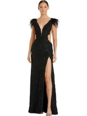 Mac Duggal Feather Cap-sleeve Lace Gown - Black