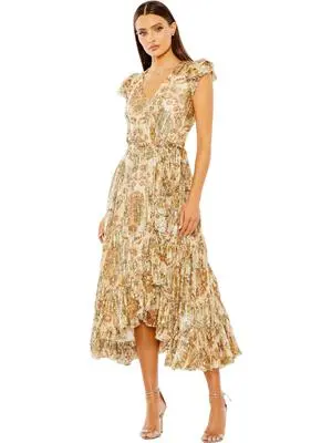Mac Duggal Floral Chiffon Flutter Sleeve Wrap Dress - Cream Multi