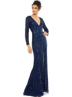 Mac Duggal Embellished Front Slit Long Sleeve Gown - Midnight