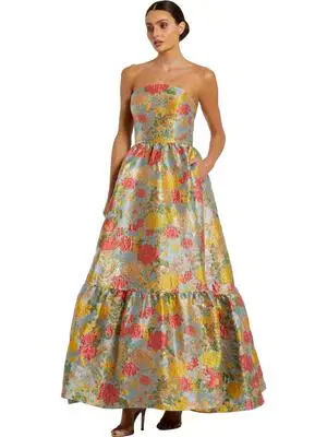 Mac Duggal Floral Brocade Strapless Maxi Dress - Turquoise Multi