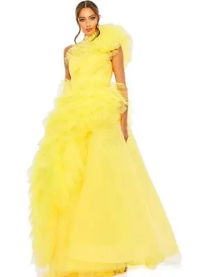 Mac Duggal Tulle One-shoulder Ruffled Gown - Sunshine