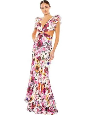 Mac Duggal Floral Print Ruffle Shoulder Cut Out Gown - White Multi