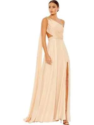 Mac Duggal Organza One-shoulder Gown With Beaded Detail - Gold/nude