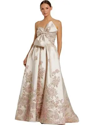 Mac Duggal Strapless Brocade Floral Ball Gown With Bow - Champagne Multi