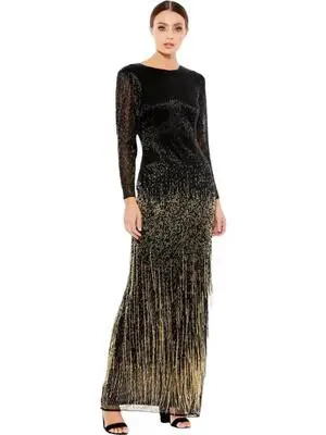 Mac Duggal Beaded Fringe Evening Gown - Black / Gold