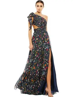 Mac Duggal Tied One Shoulder Cut-out Gown - Navy Multi