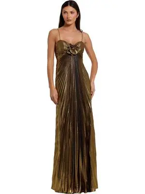 Mac Duggal Metallic Pleated Gown With 3d Flower - Gold