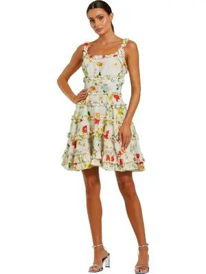 Mac Duggal Floral Square Neck Ruffle Mini Dress - White