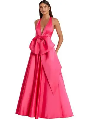 Mac Duggal Satin Ballgown With Bow - Hot Pink