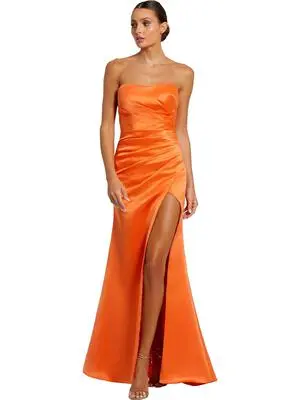 Mac Duggal Strapless Gathered High Slit Gown - Sherbet