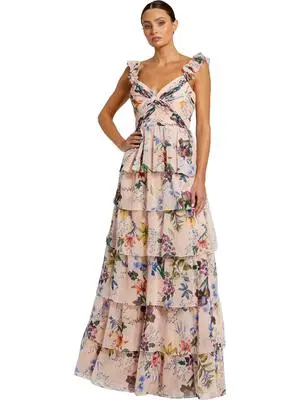 Mac Duggal Floral-printed Chiffon Tiered Gown - Pink Multi
