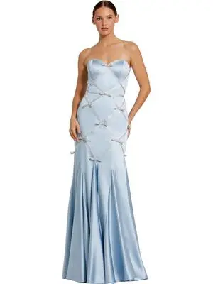 Mac Duggal Strapless Satin Trumpet Gown With Bow Detailing - Powder Blue Silver