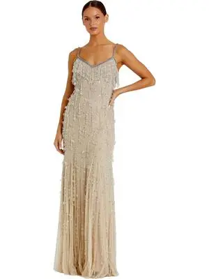 Mac Duggal Column Gown With Crystal-beaded Fringe - Nude Silver