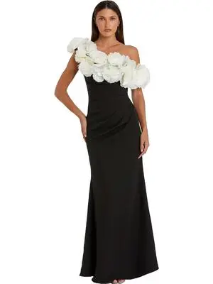 Mac Duggal Jersey Gown With 3d Floral Detail - Black Cream
