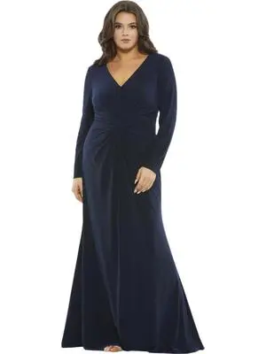 Mac Duggal Front Twist Long Sleeve V-neck Gown - Midnight