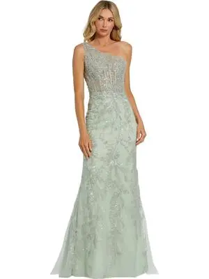 Mac Duggal One-shoulder Embellished Evening Gown - Green
